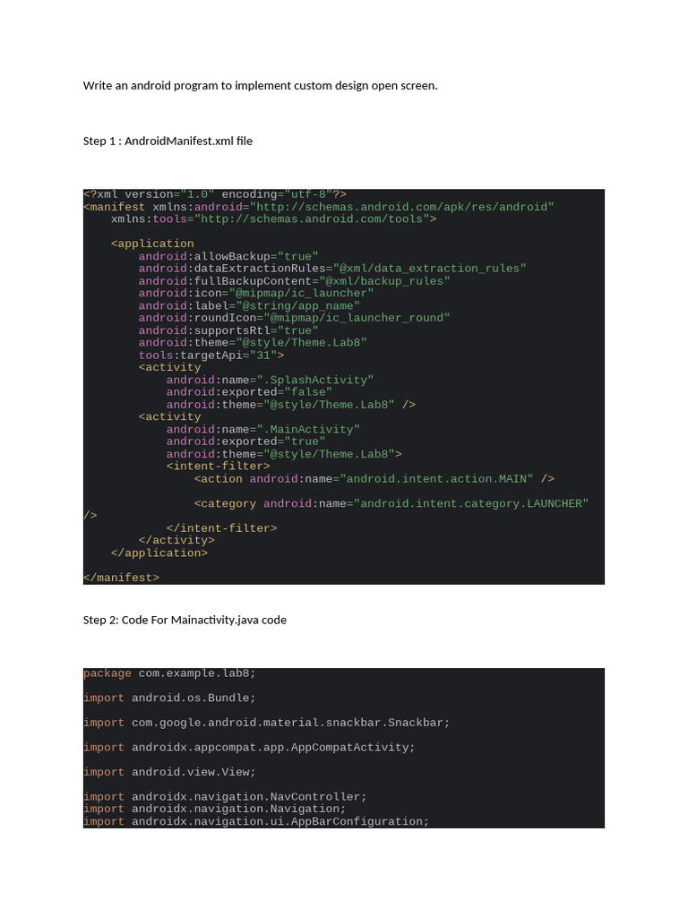 Write An Android Program To Implement Custom Design Open Screen | PDF | Android (Operating ...