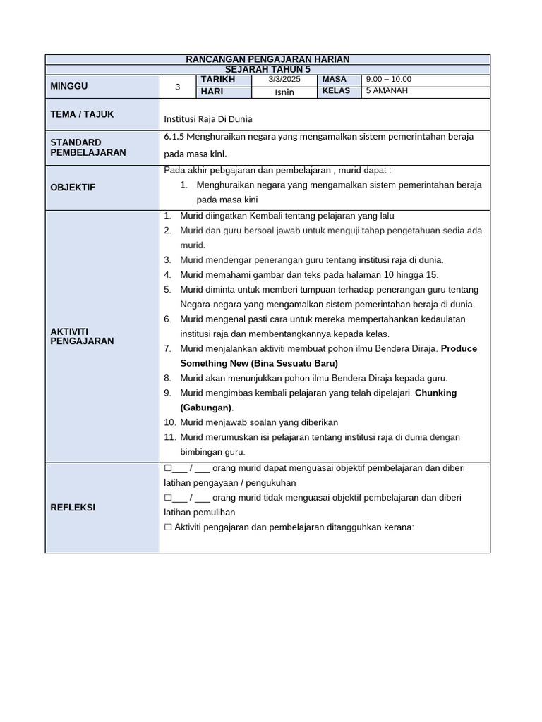 RPH Ringkas Minggu 3 Sejarah THN 5 by Cikgu Gorgeous | PDF