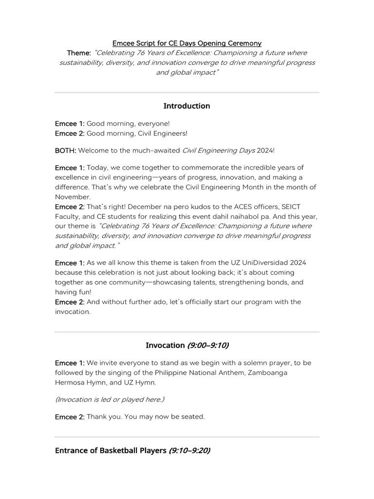 Emcee Script For CE Days Opening Ceremony | PDF