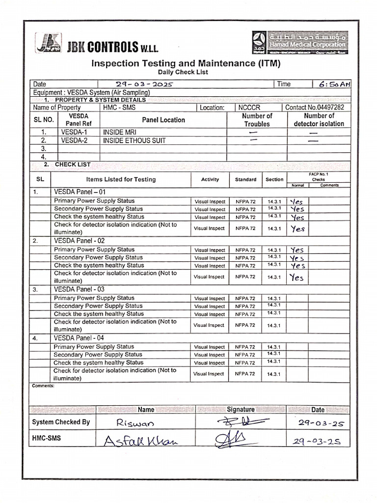 29 03 2025 Daily Inspection of Vesda Panel NCCCR | PDF