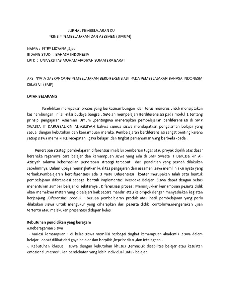 Jurnal Pembelajaran Prinsip Pengajaran Dan Asesmen (Umum) | PDF