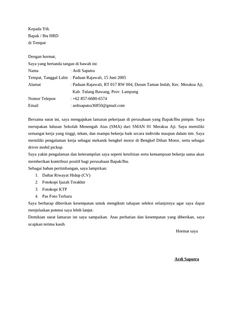 Surat Lamaran Ardi Saputra | PDF