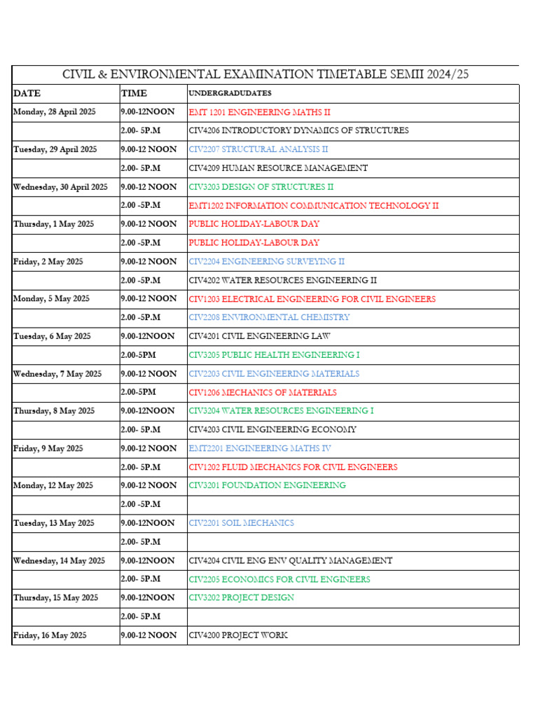 Exam Timetables 2024-25 DCEE UG | PDF