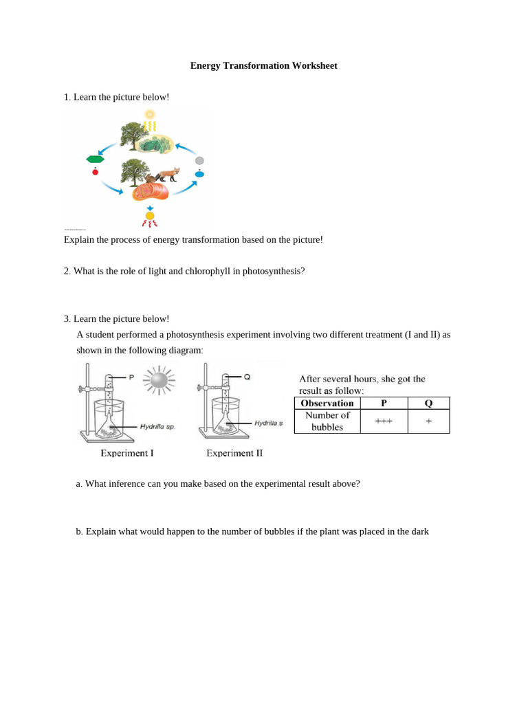 Energy Transformation Worksheet 1 | PDF