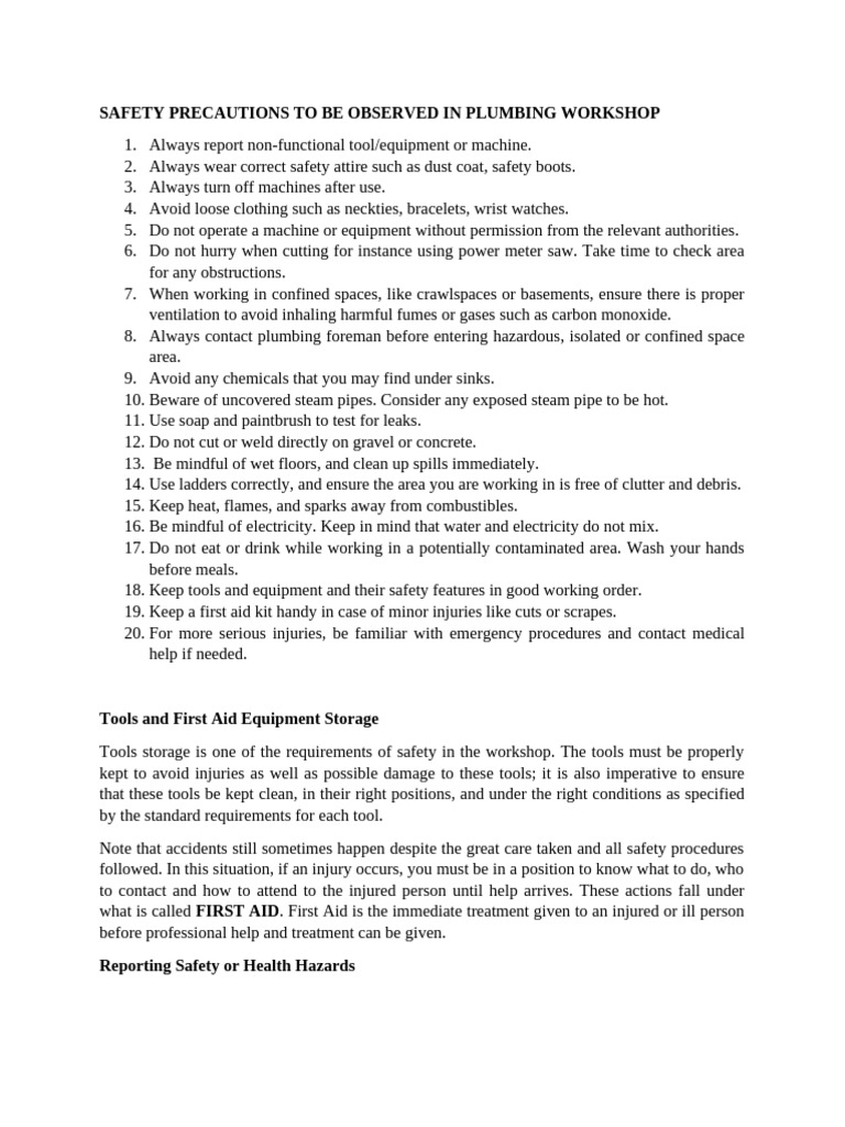 Plumbing Workshop Safety Guidelines | PDF | Hazards | Occupational ...