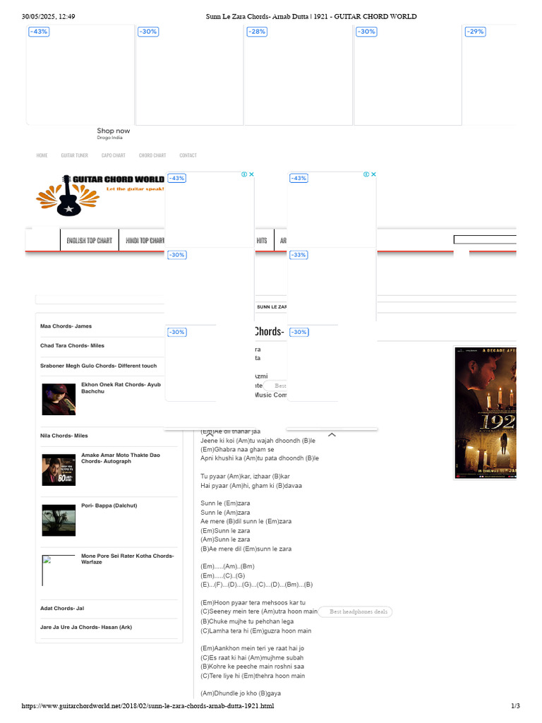 Sunn Le Zara Chords - Arnab Dutta - 1921 - GUITAR CHORD WORLD | PDF