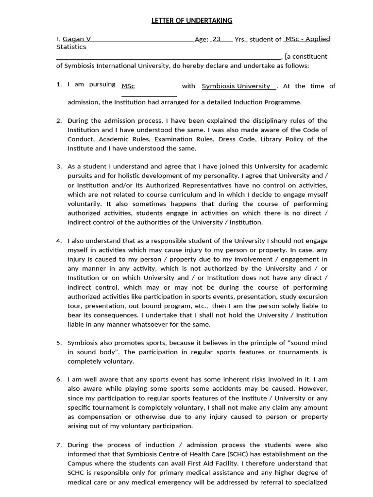 Indemnification Undertaking by Student | PDF | Informed Consent | Justice