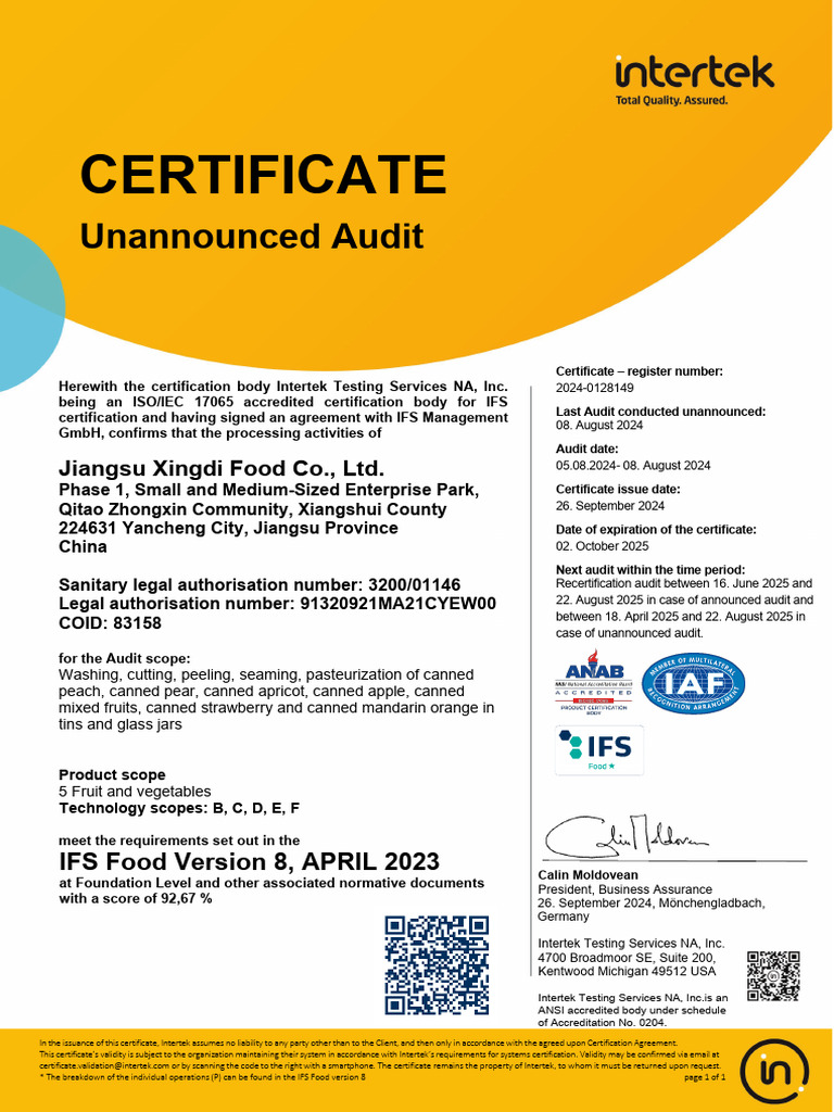 IFS Certificate - Jiangsu Xingdi Food Co., Ltd. - 2024 | PDF