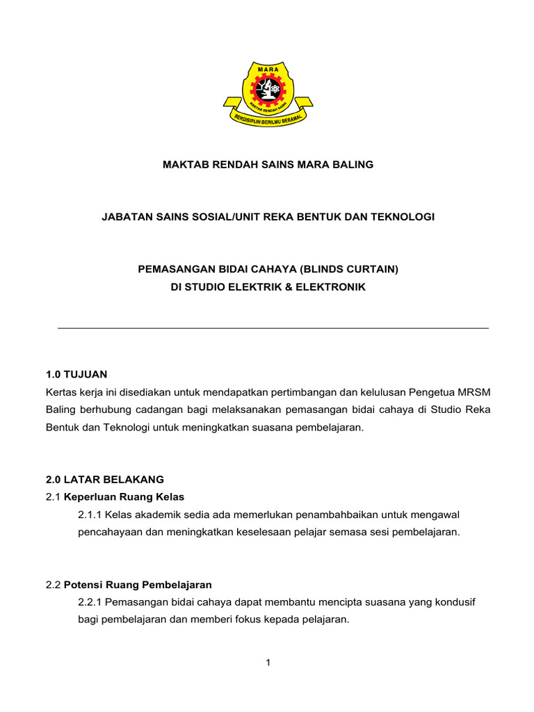 Pemasangan Bidai Cahaya di MRSM Baling | PDF