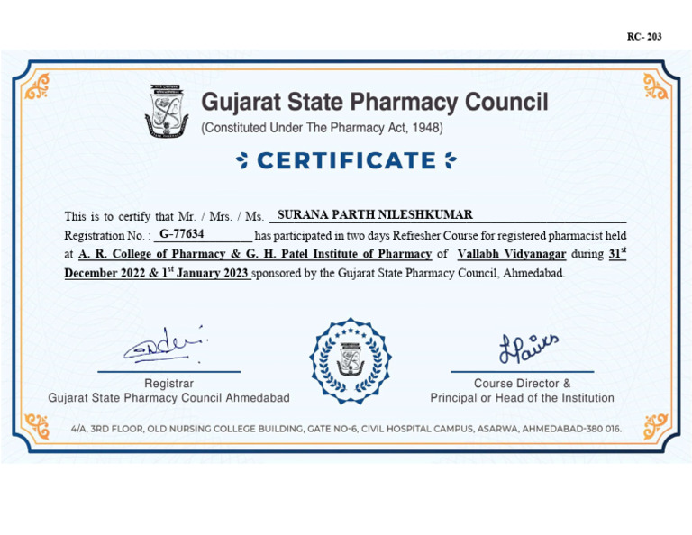 Refresher Course Certificate-203 | PDF