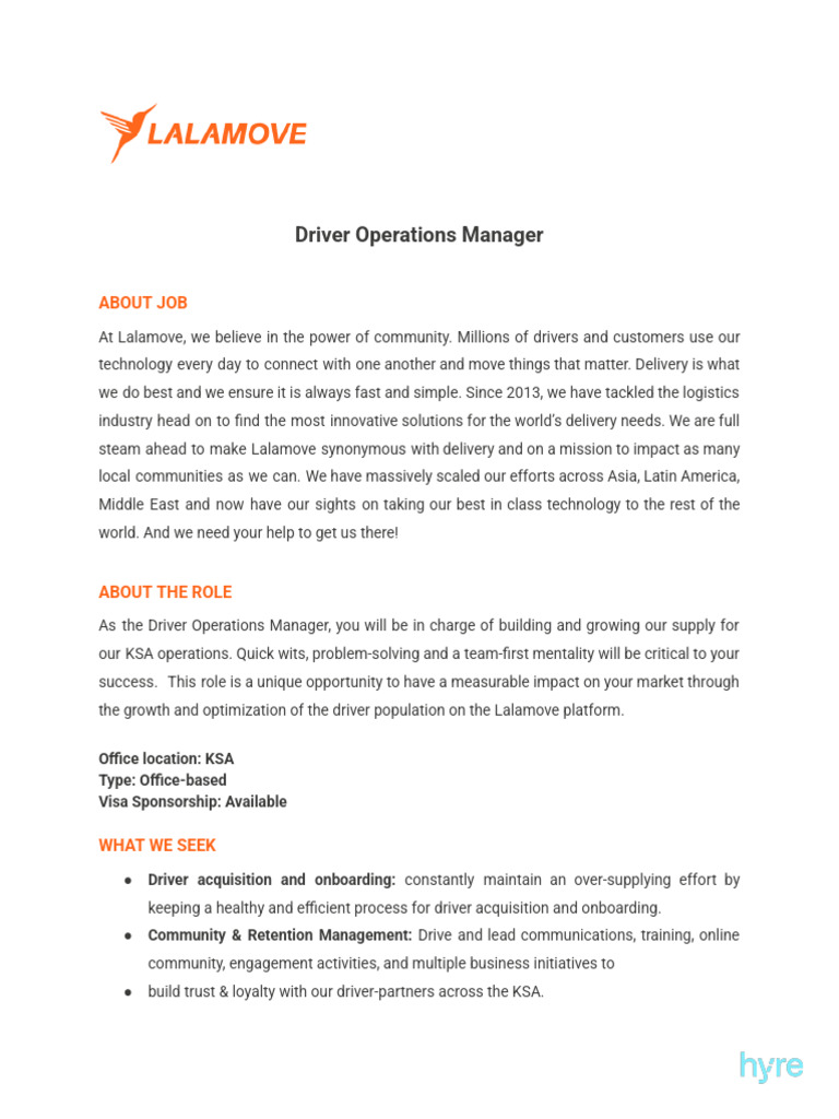 Lalamove KSA - Driver Operations Manager | PDF | Logistics | Business