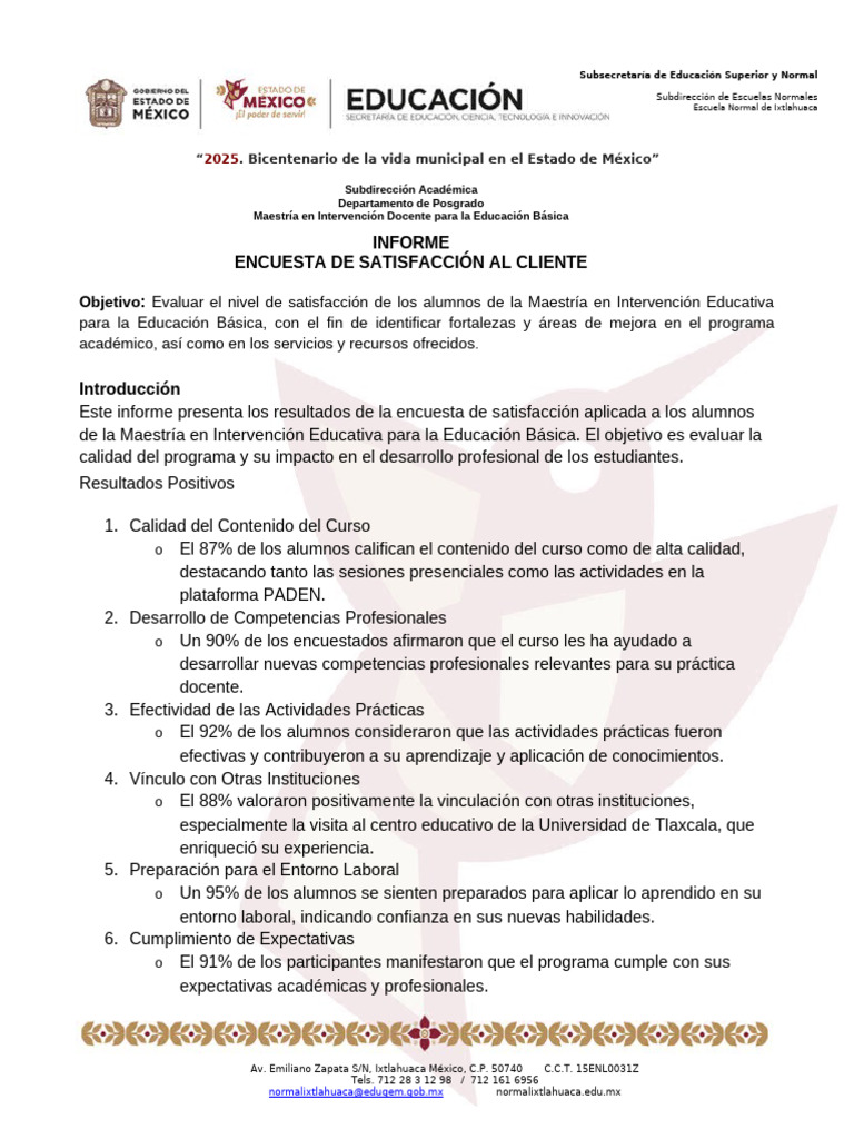 Informe Satisfacción Al Cliente | PDF | Educación primaria | Maestros