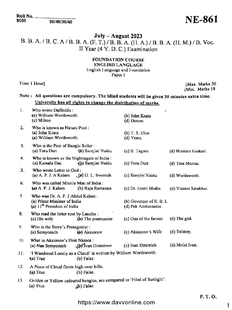 Bba Bca Bvoc 2 Year English Language and Foundation Ne 861 Aug 2023 | PDF