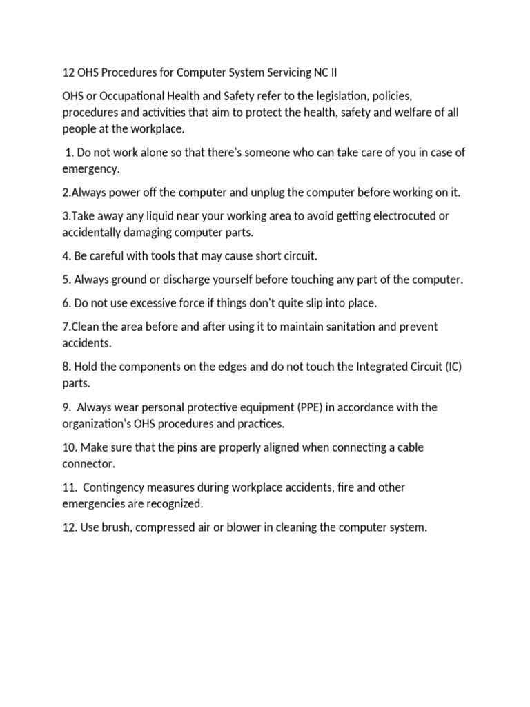 12 OHS Procedures For Computer System Servicing NC II | PDF