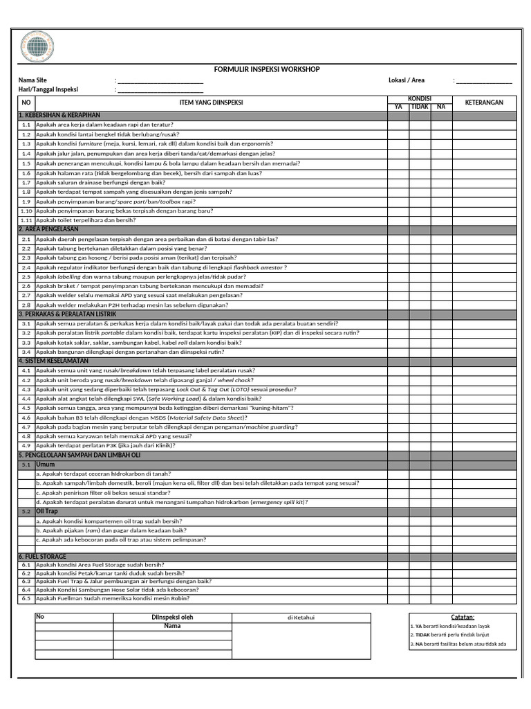 FORM Inspeksi Workshop | PDF
