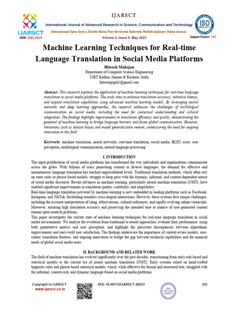 Machine Learning Techniques For Real-Time Language Translation in ...