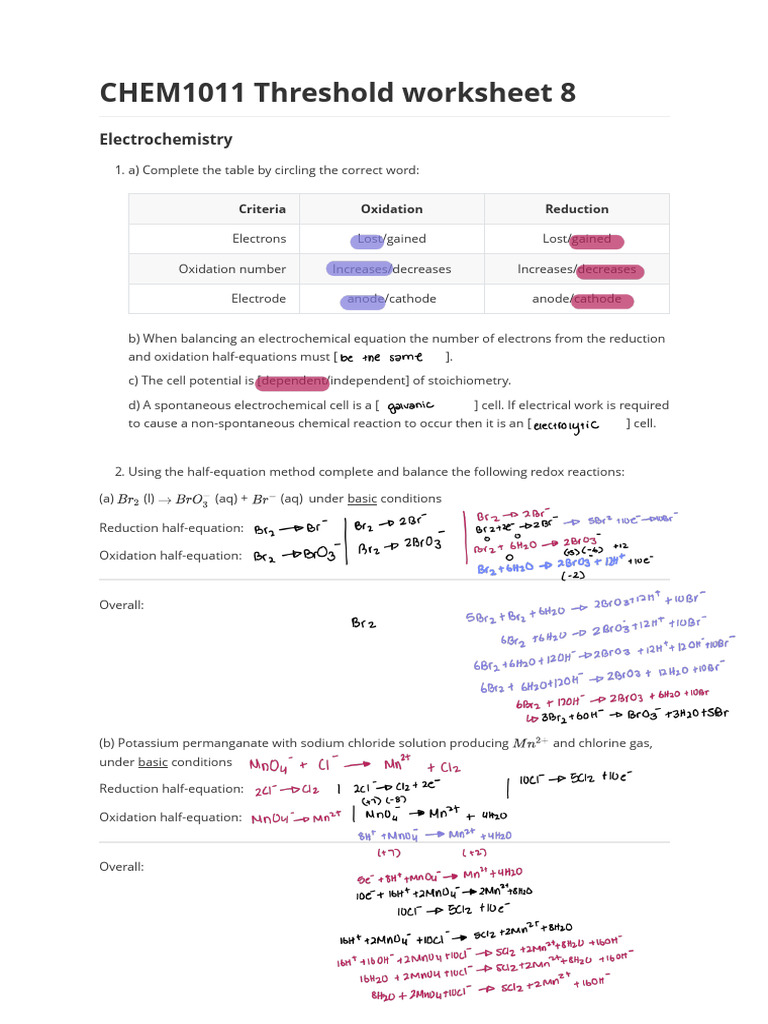 Worksheet 8 - Electrochemistry - 250419 - 135607 | PDF | Redox ...