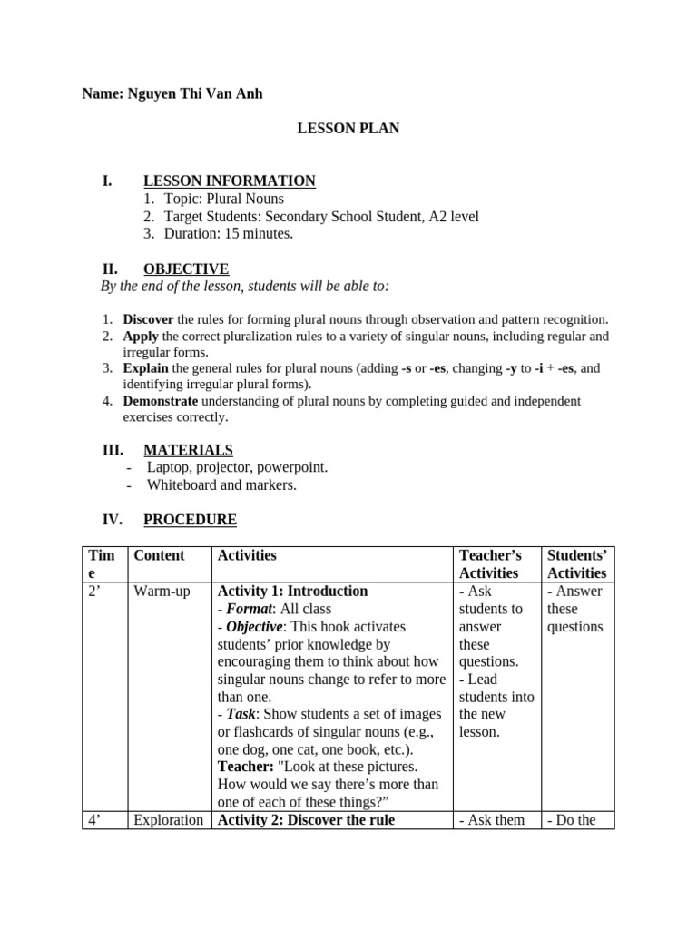 Van Anh - Lesson Plan - Plural Nouns | PDF | Plural | Syntax