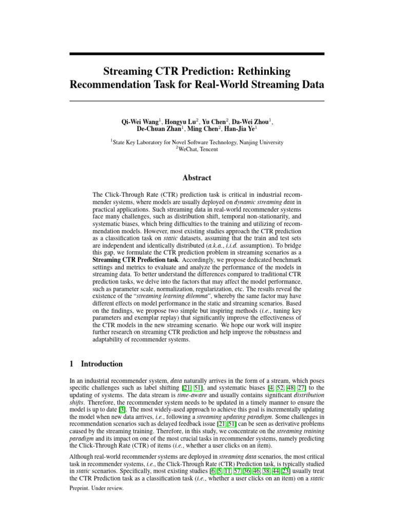 Streaming CTR Prediction: Rethinking Recommendation Task For Real-World Streaming Data | PDF ...