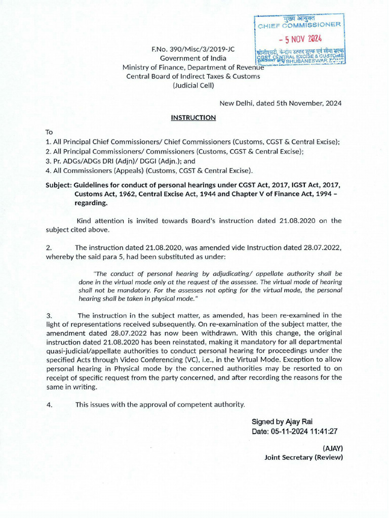 CBIC INS - Mandatory Virtual Hearing | PDF