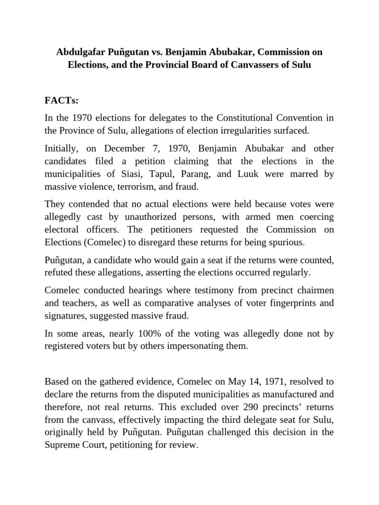 Comelec Authority in Sulu Election Case | PDF | Elections | Supreme ...