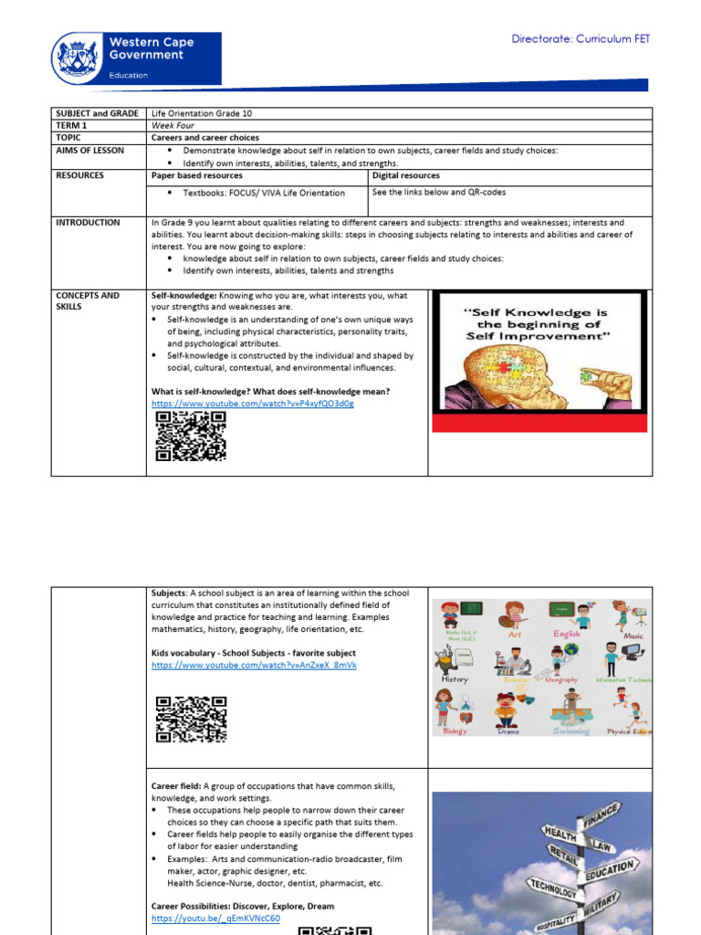 Life Orientation Grade 10 Term 1 Week 4 - 2021 | PDF | Knowledge | Skill