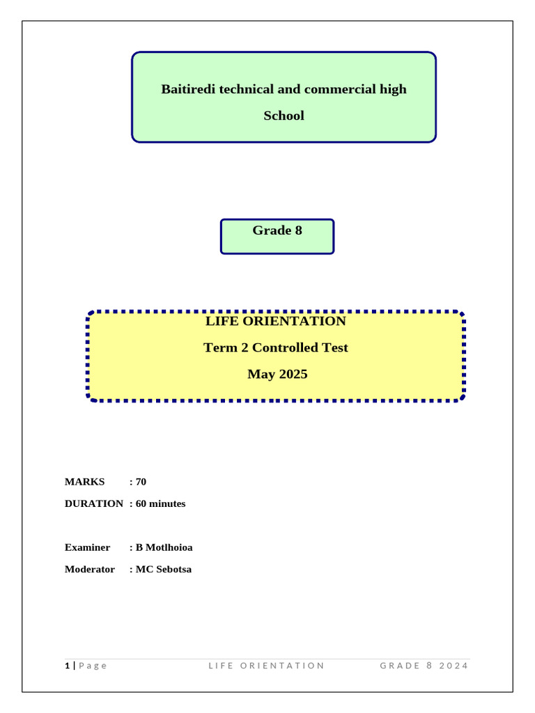 Life Orientation Grade 8 Term 2 Test 2024 | PDF | Sexual Orientation ...