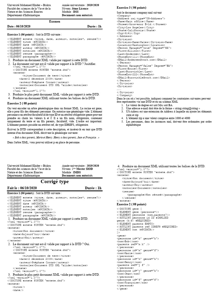 Examen XML et DTD - Université Biskra | PDF | XML | Formats de fichier ...
