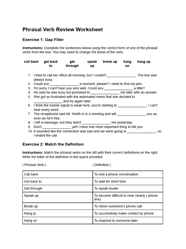 Phrasal Verb Review Worksheet | PDF