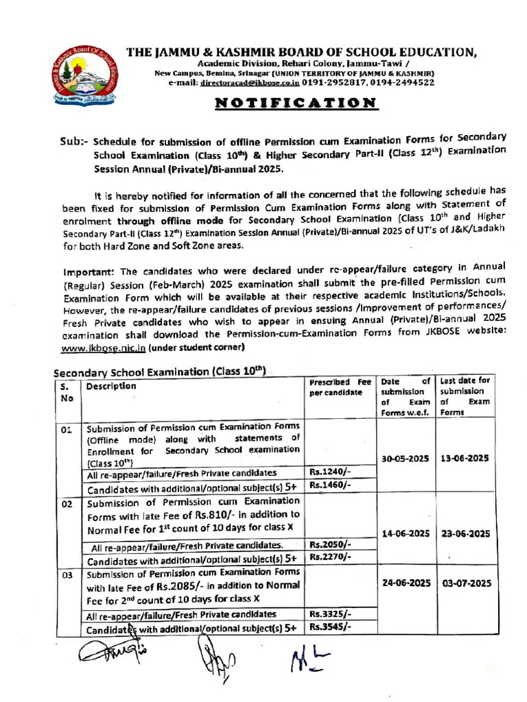 J&K Exam Form Submission Schedule 2025 | PDF