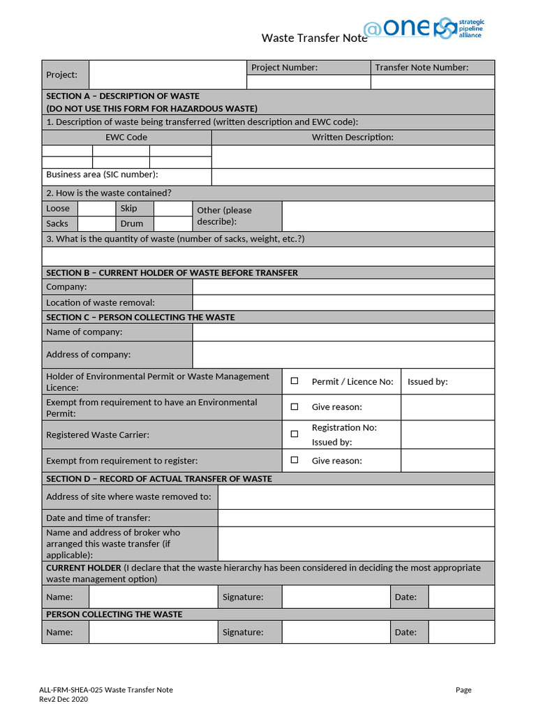 Waste Transfer Note Template | PDF