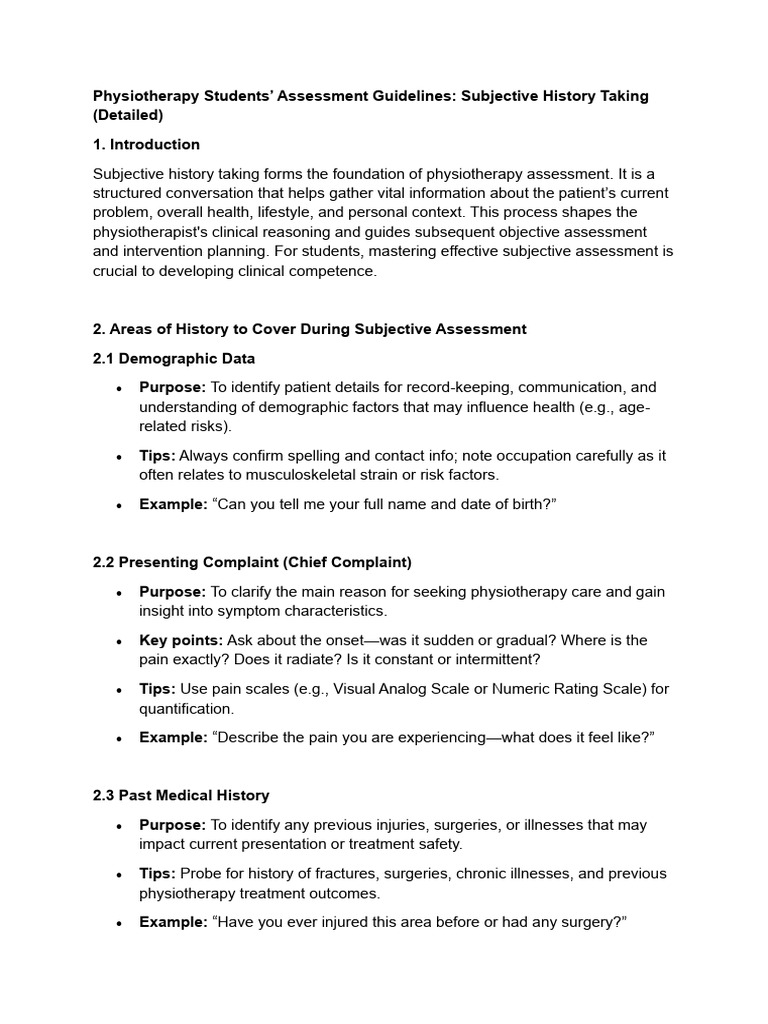 Physiotherapy Subjective Assessment Guide | PDF | Pain | Neurology