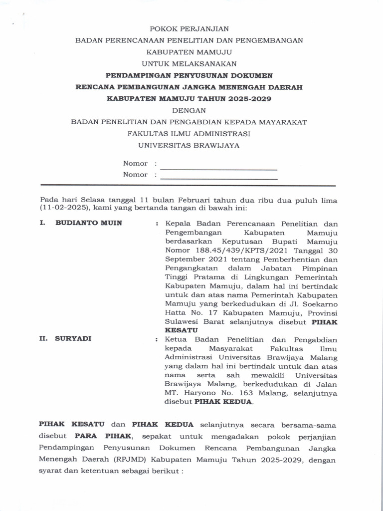 Pokok Perjanjian RPJMD Kab Mamuju Terttd | PDF