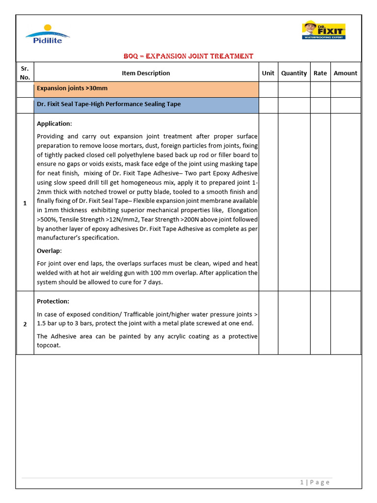 Boq Expansion Joint Treatment DR Fixit Seal Tape Tape Adhesive PDF | PDF