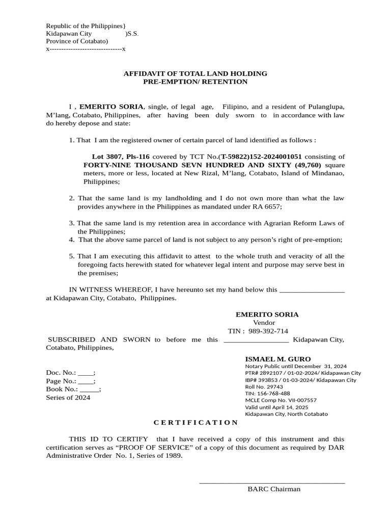 Affidavit of Total Land Holding Pre-Emption and Retention | PDF | Affidavit | Legal Procedure