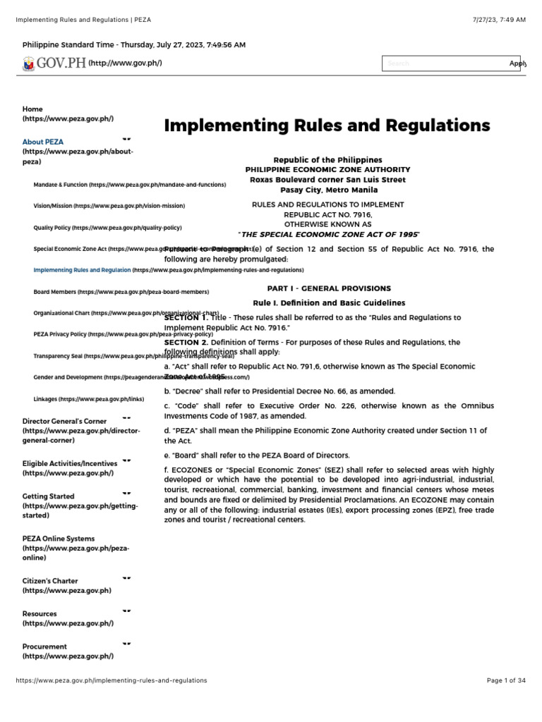 Implementing Rules and Regulations - PEZA | PDF | Cost Of Living | Exports