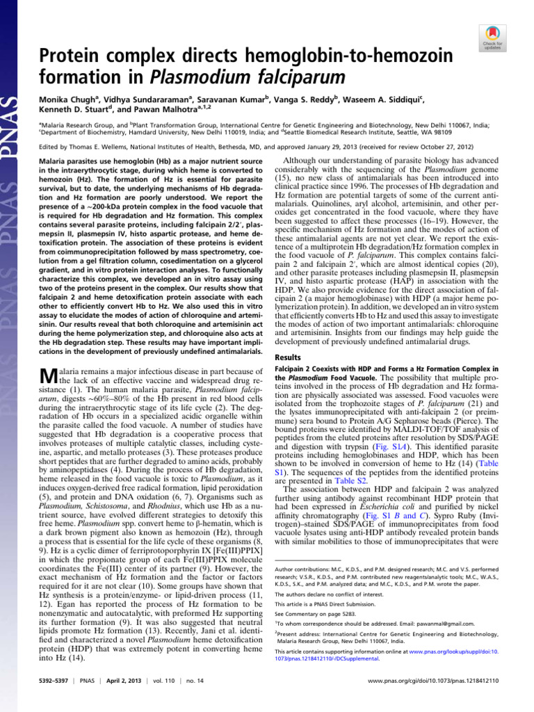 Chugh Et Al Protein Complex Directs Hemoglobin To Hemozoin Formation in Plasmodium Falciparum ...
