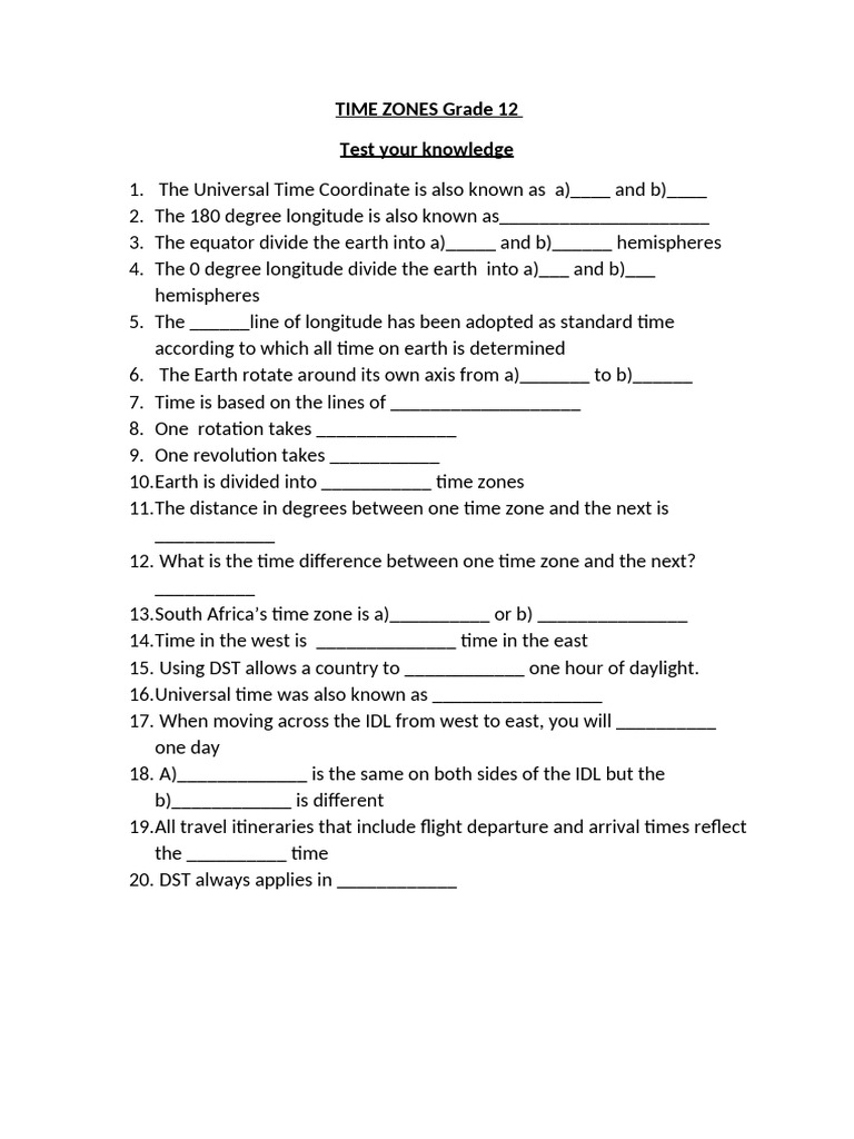 Grade 12 Time Zones Quiz and Activities | PDF | Daylight Saving Time ...