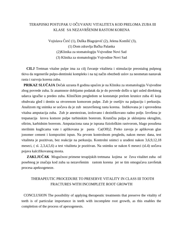 Terapijski Postupak U Očuvanju Vitaliteta Kod Preloma Zuba III Klase Sa Nezavršenim Rastom ...