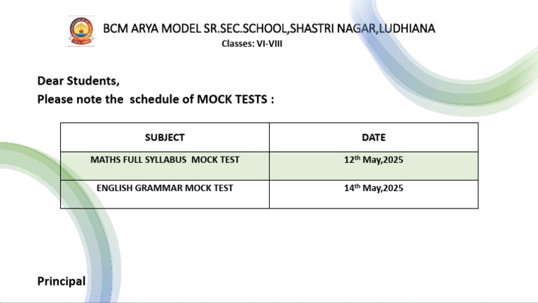 Mock Test Schedule for Students | PDF