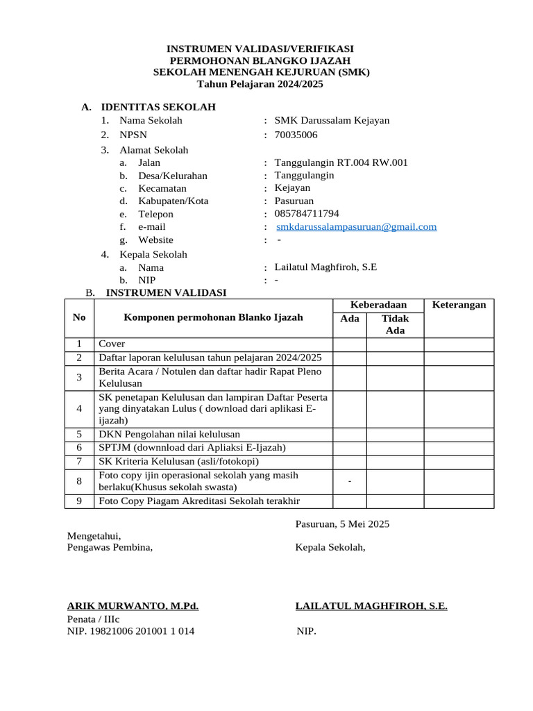 Instrumen Validasi SMK Dasa | PDF
