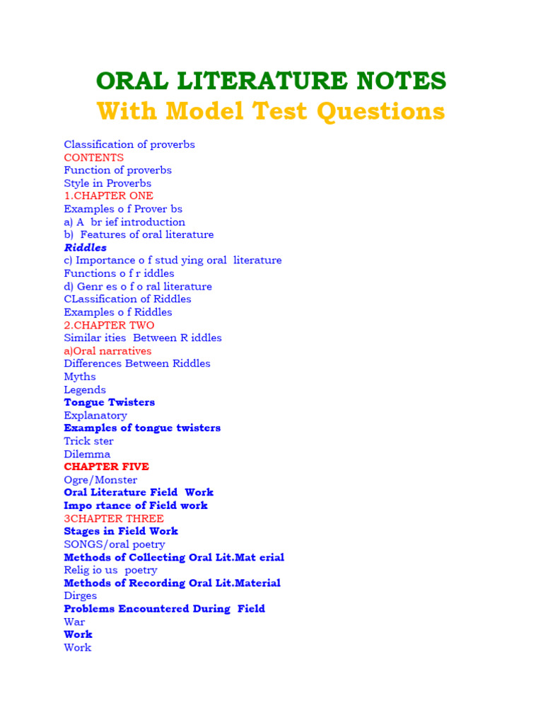 Oral Literature Notes | PDF | Proverb | Narrative