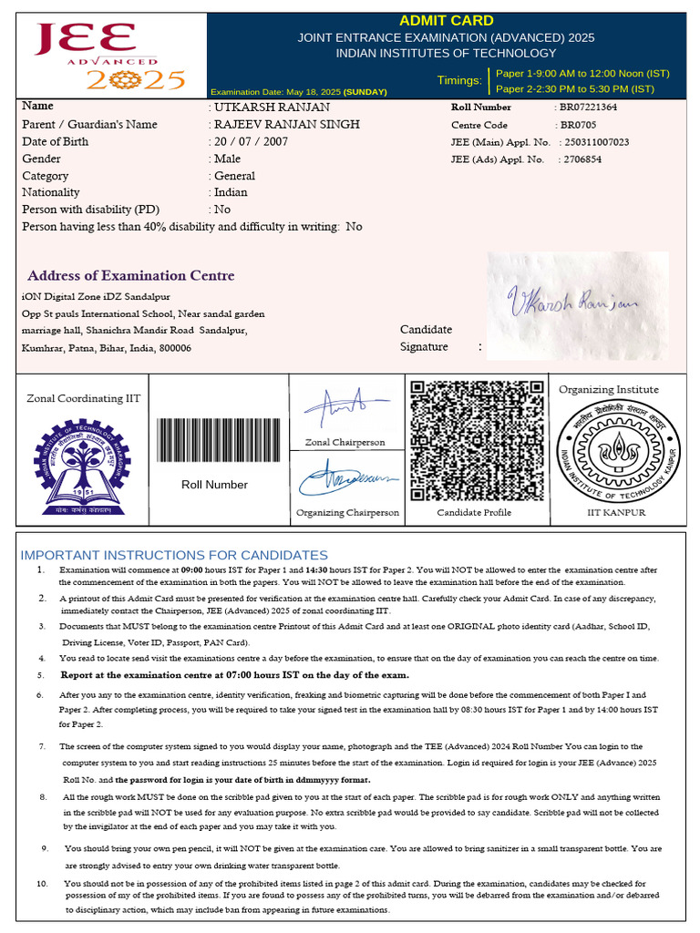 JEE Advanced 2025 Admit Card Details | PDF | Authentication | Access ...