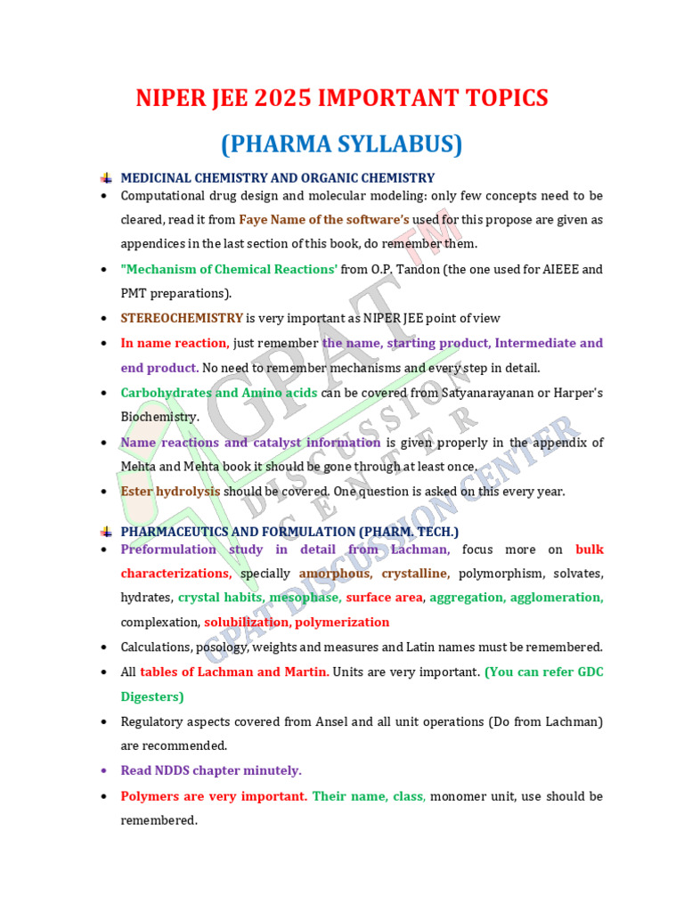Niper Jee 2025 Important Topics | PDF | Pharmacology | Biochemistry