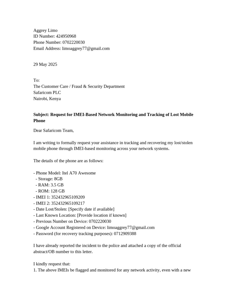 IMEI Tracking Request Aggrey Limo | PDF