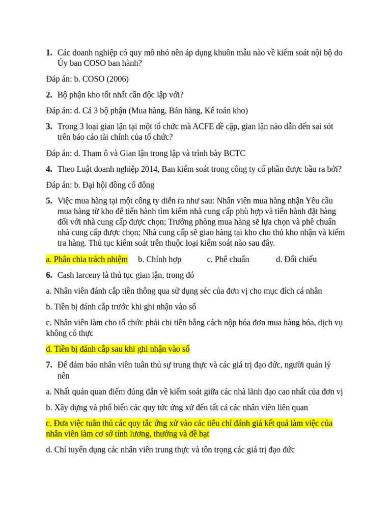 Trắc nghiệm KSNB | PDF