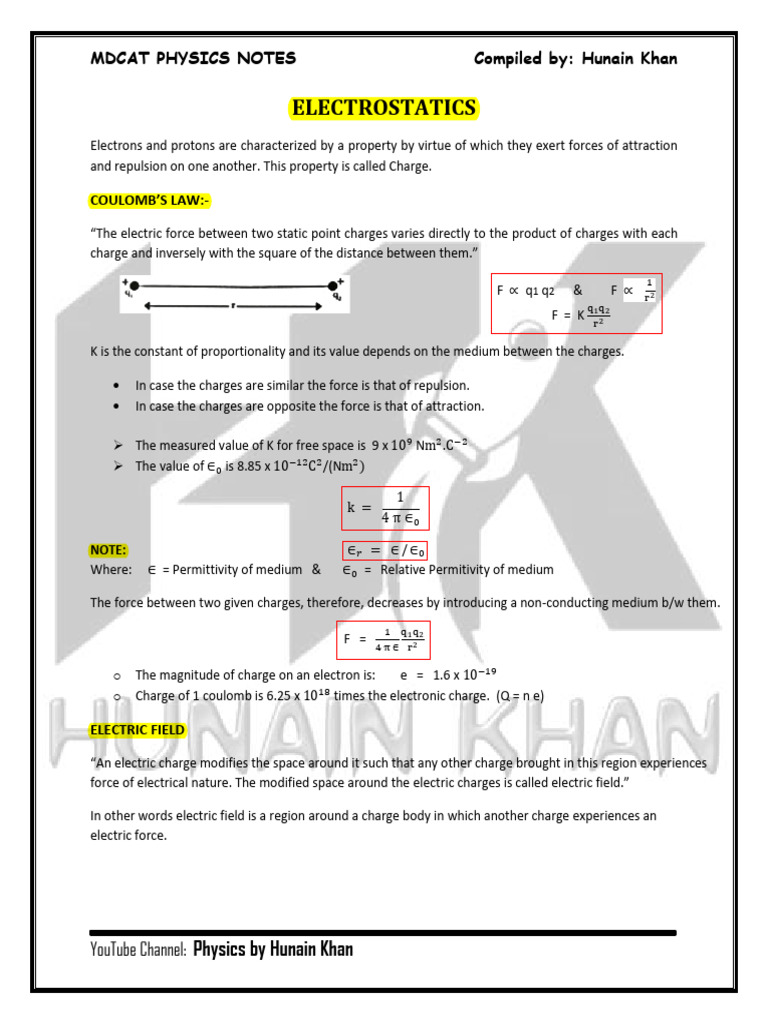 Electrostatics - MDCAT Physics Notes by HK | PDF | Capacitance | Capacitor