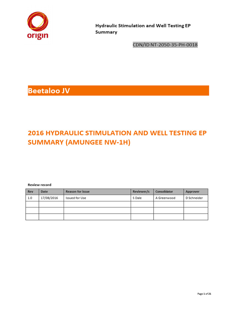 Amungee NW 1h Hydraulic Fracture Stimilation and Well Testing | PDF