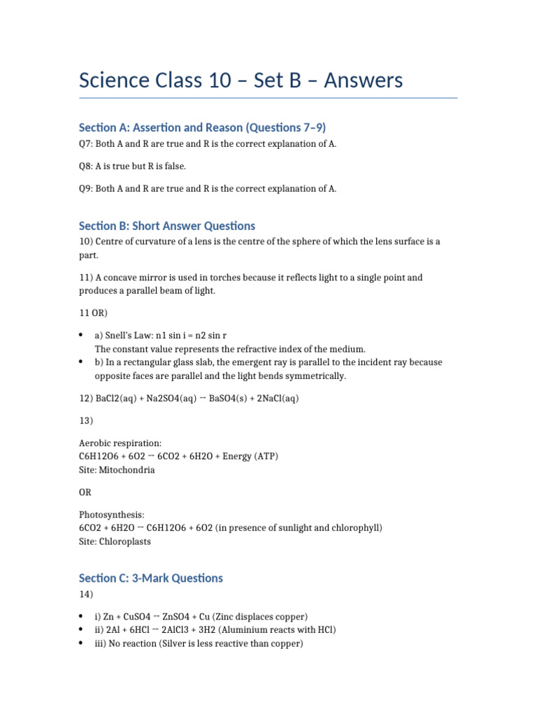 Class_10_Science_Answers_SetB | PDF | Optics | Light