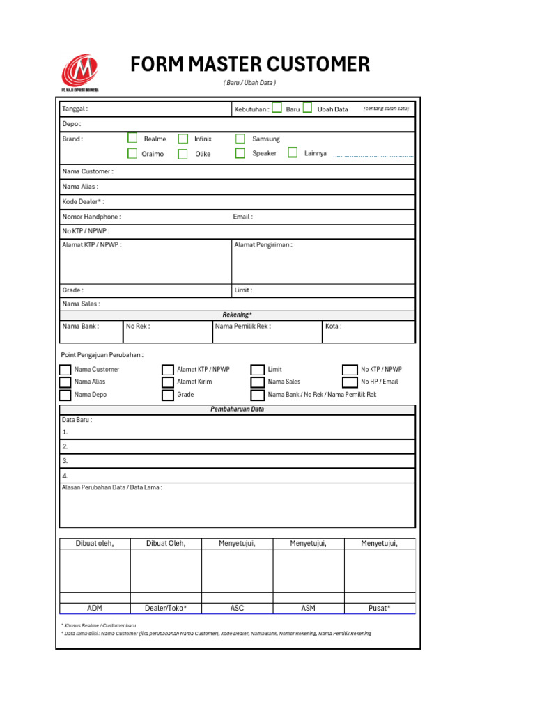 Form Master Data Customer Baru/Ubah | PDF